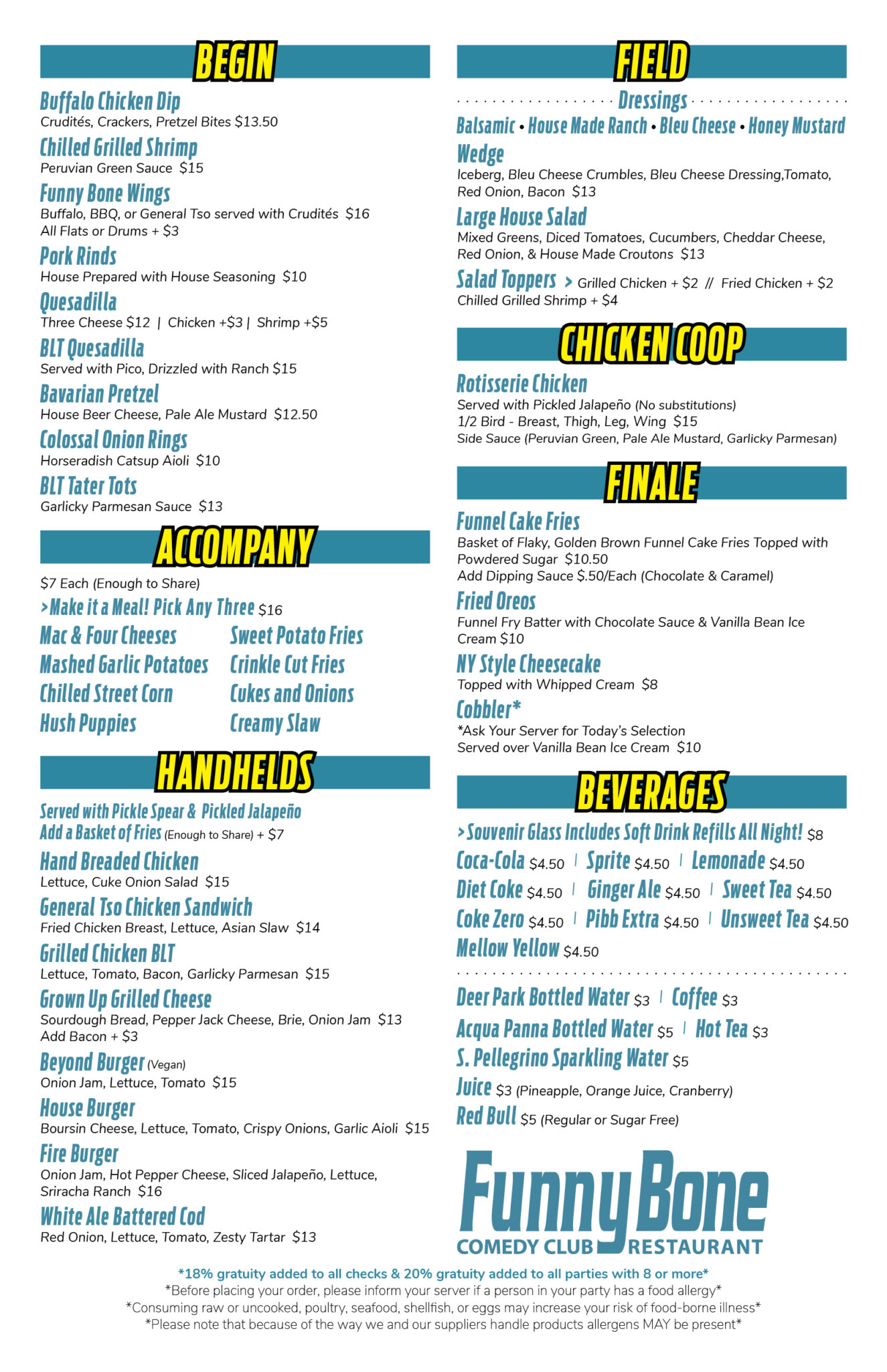 Food & Drink Menu | Richmond Funny Bone Comedy Club & Restaurant