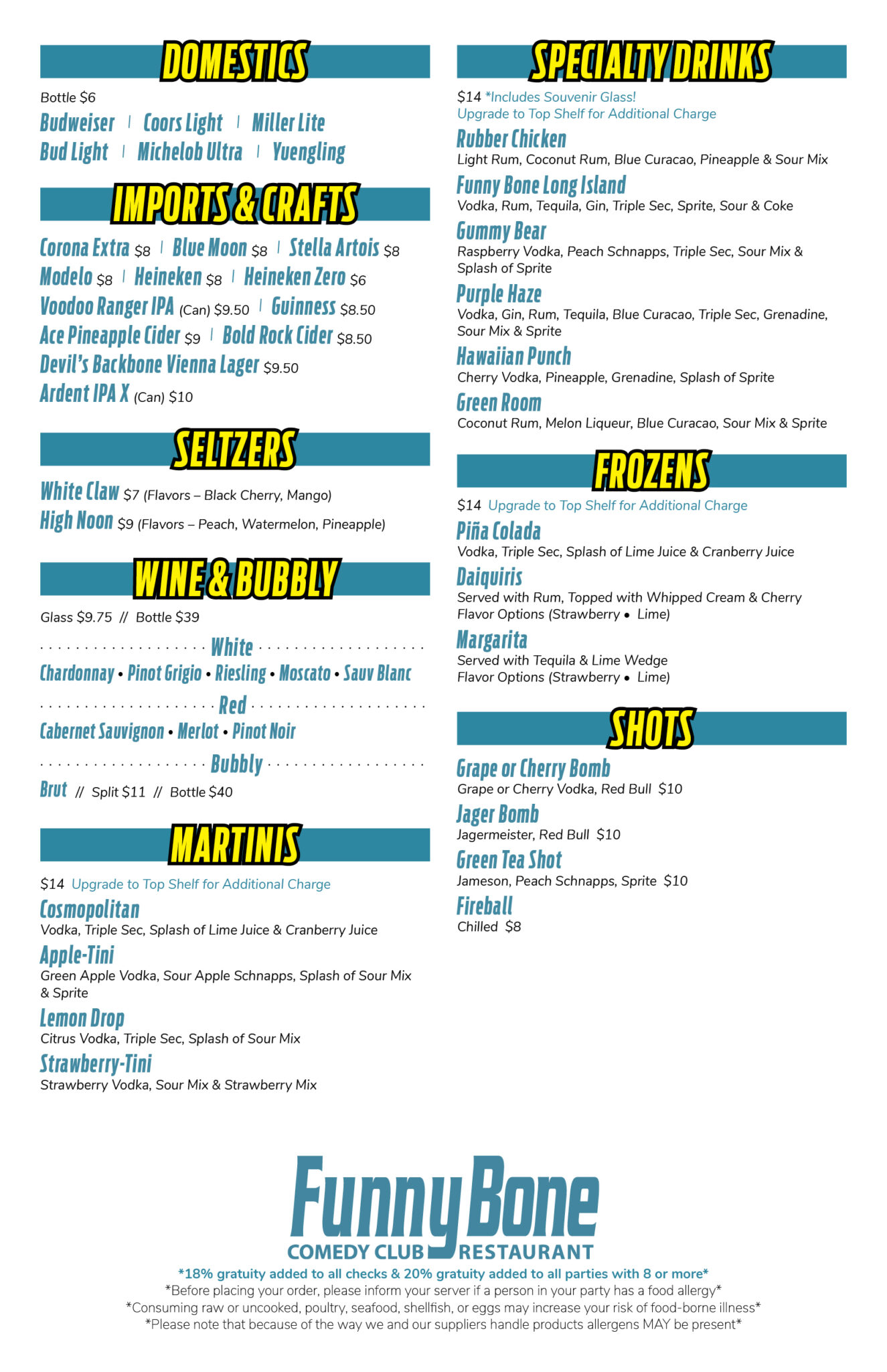Food & Drink Menu | Richmond Funny Bone Comedy Club & Restaurant